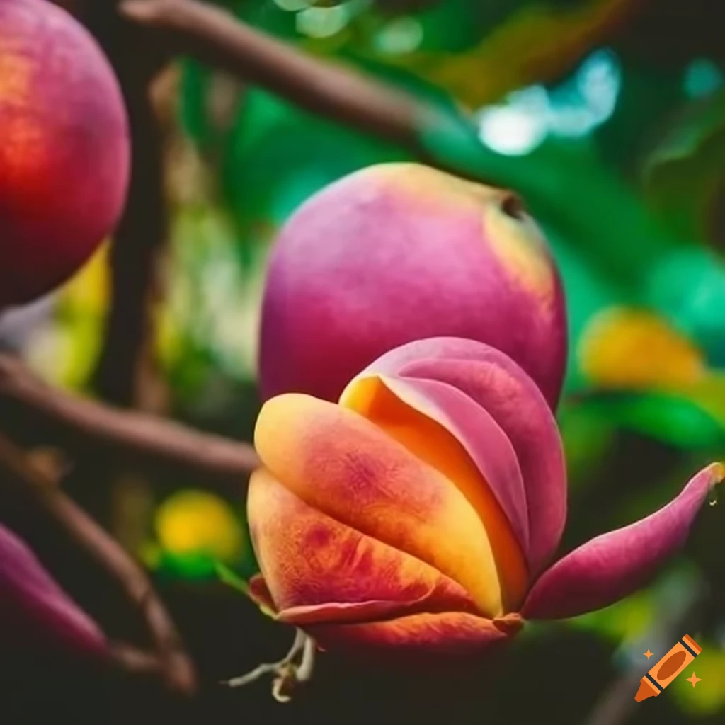 Vibrant tropical garden with a magnolia flower and ripe nectarine on ...