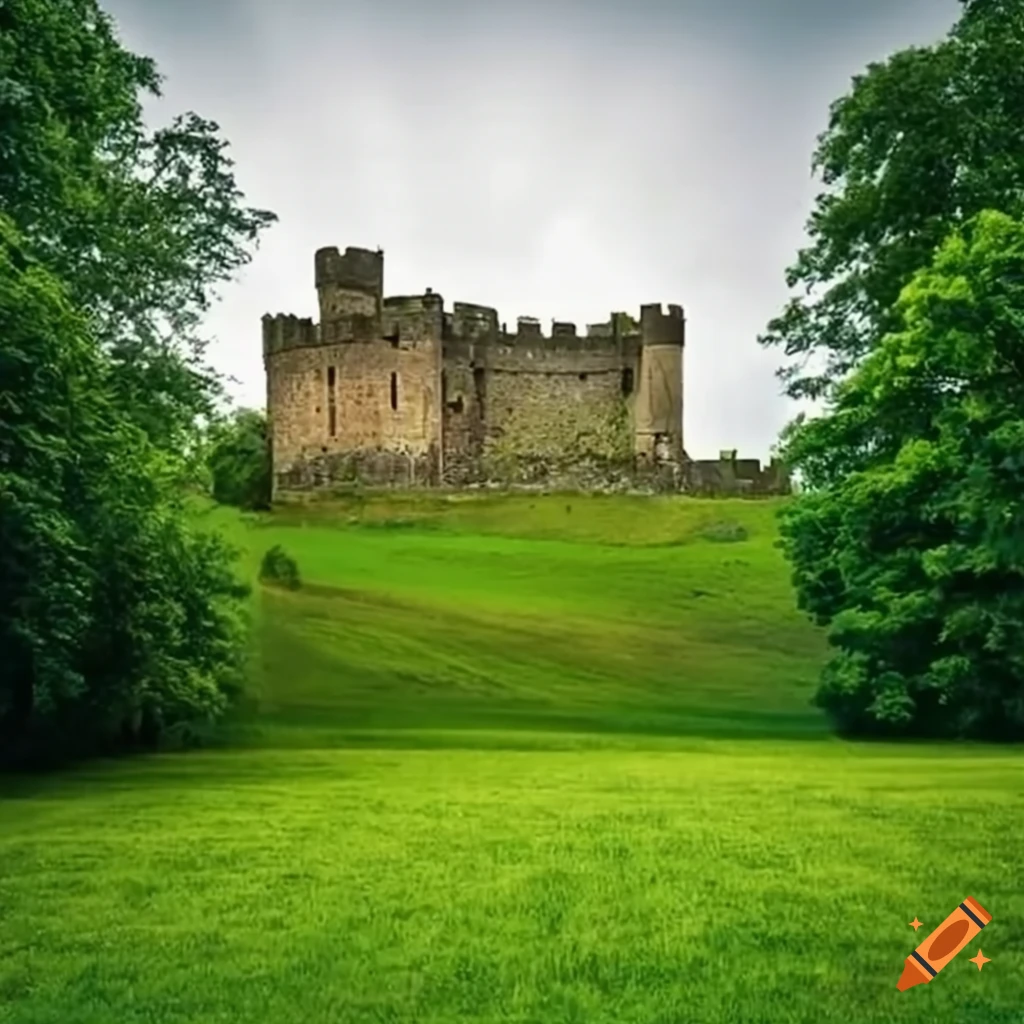 Image of a vintage castle surrounded by a wide grass lawn on Craiyon