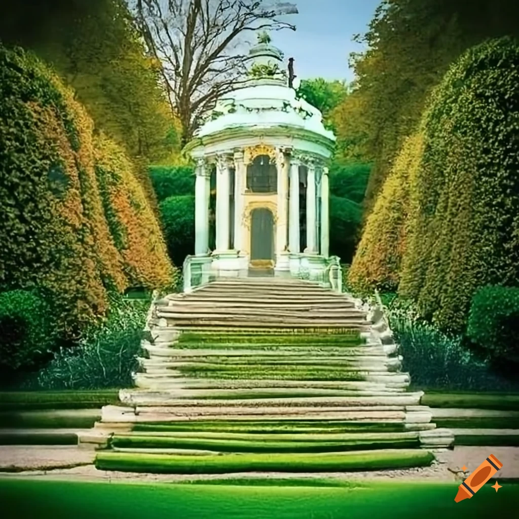 White rococo garden with flowerbeds and stairs on Craiyon