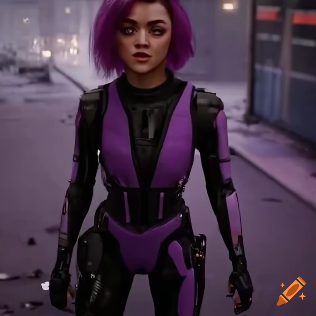 Sci-fi game character with purple hair and army of robots in futuristic ...