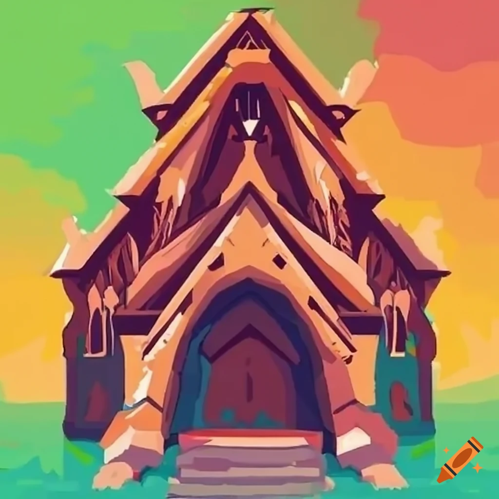 Zelda game village square in 'architecture stave carving' style