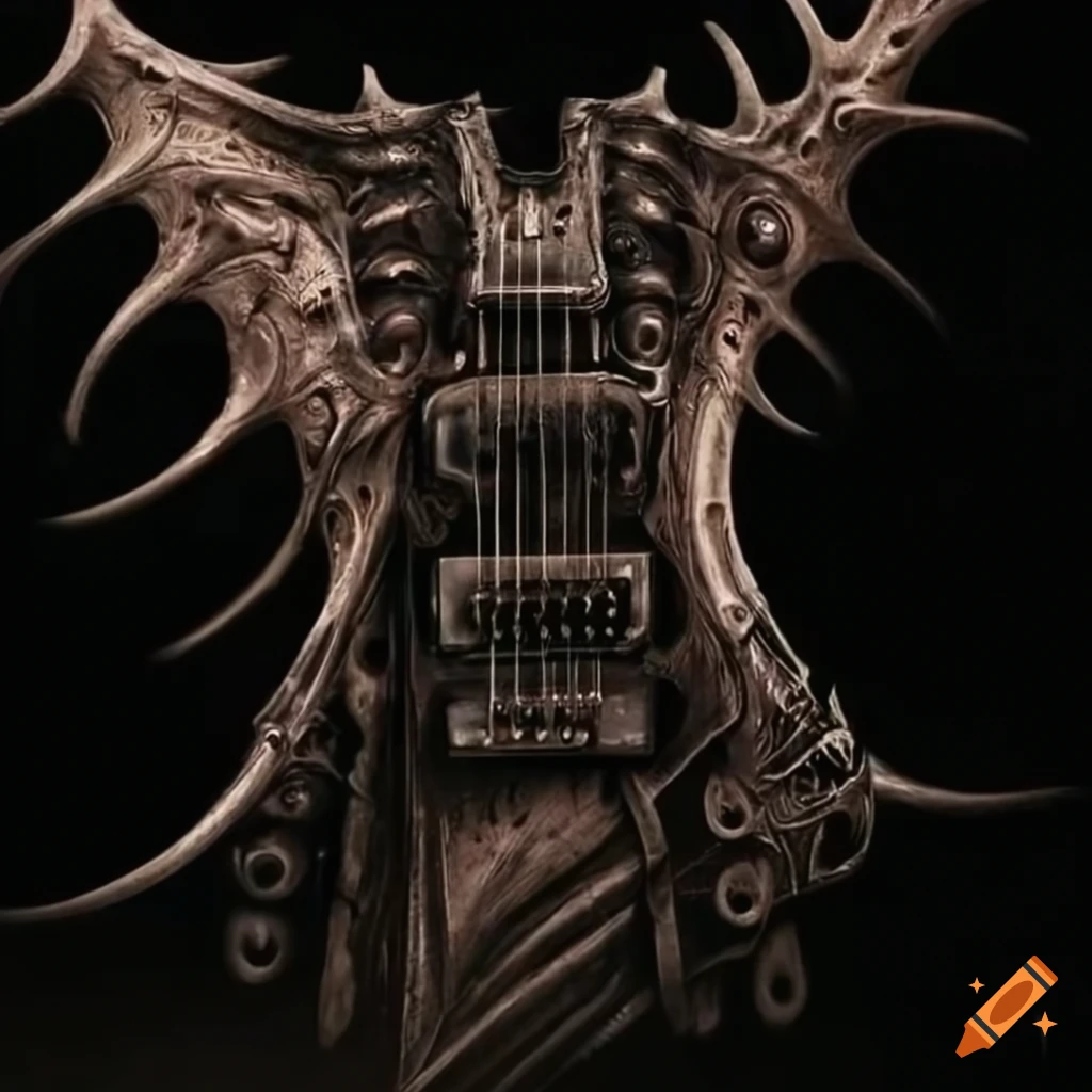 Warlock playing biomechanical electric guitar in space on Craiyon