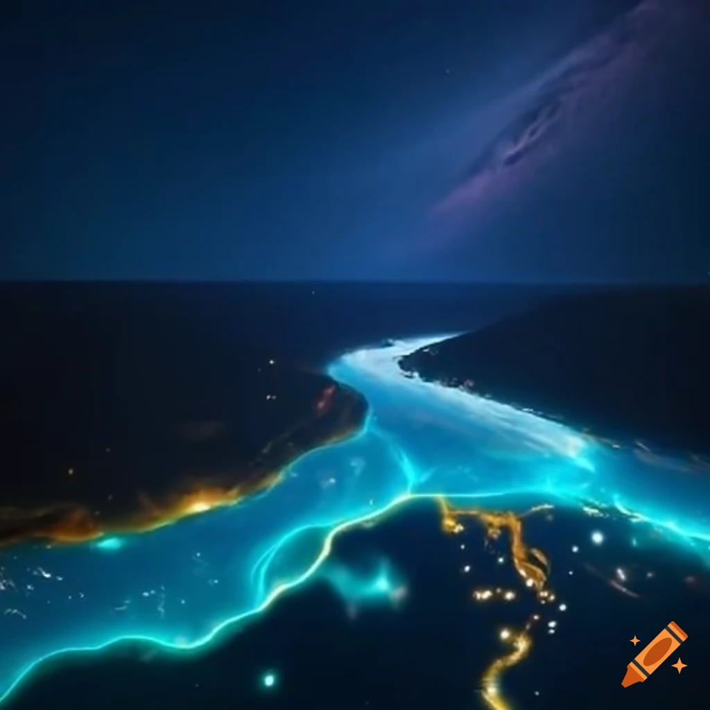 Captivating view of a illuminated river from space on Craiyon