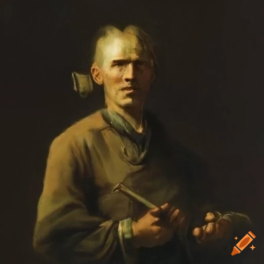Dark painting of a male elf farmer in 1700s clothes on Craiyon