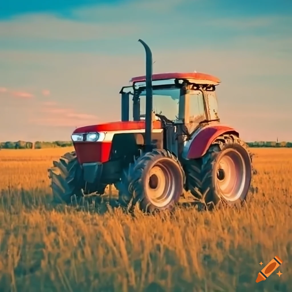Red tractor in a field with blue sky on Craiyon