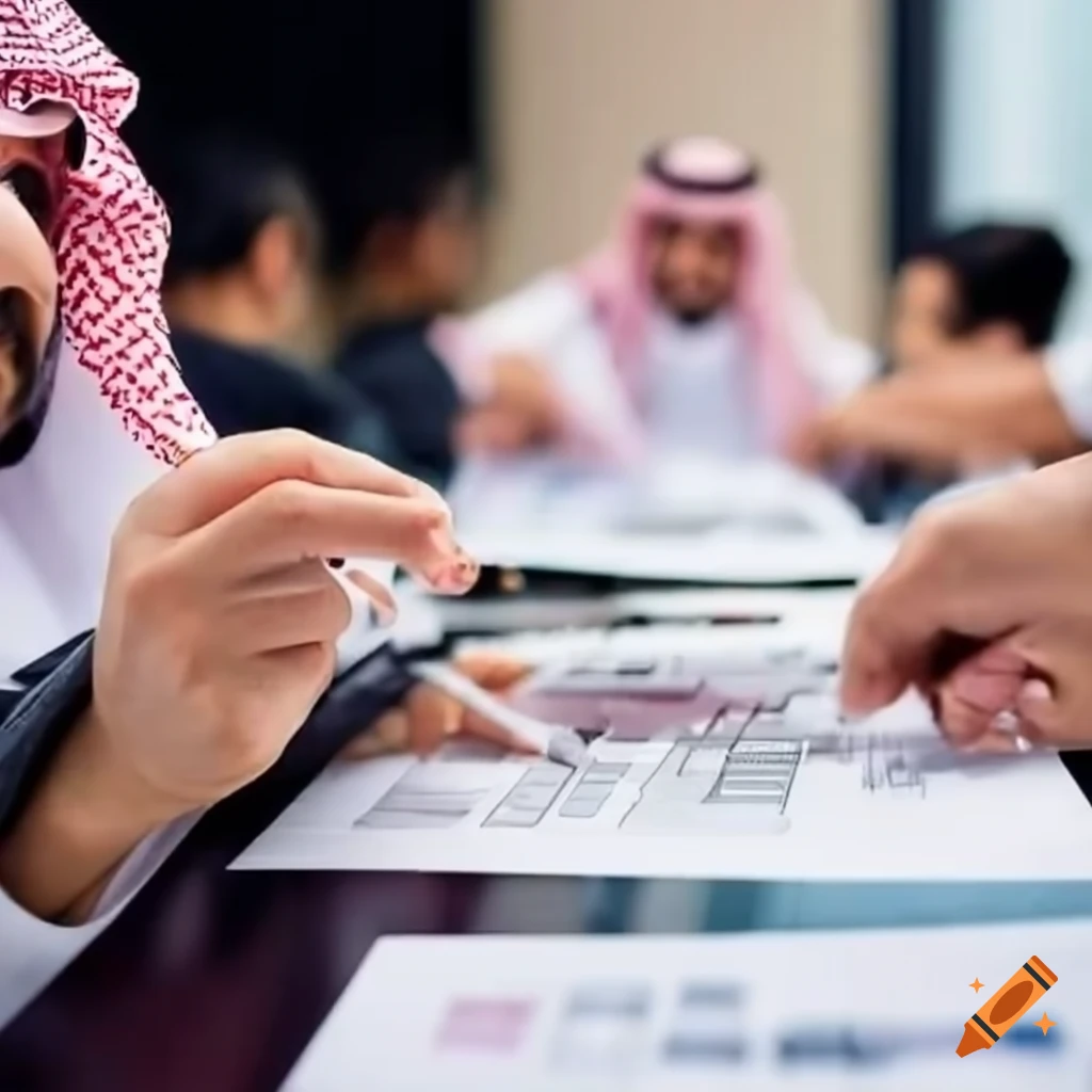 Illustration of a Saudi sales team discussing in a meeting room on Craiyon