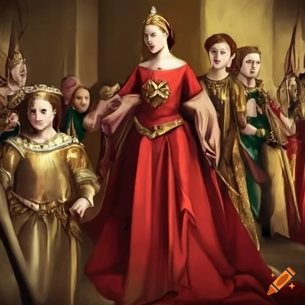 Medieval princes and princesses in gold and red attire on Craiyon