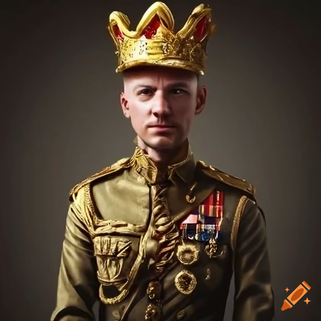 Portrait of a man wearing a crown and golden military clothing on Craiyon