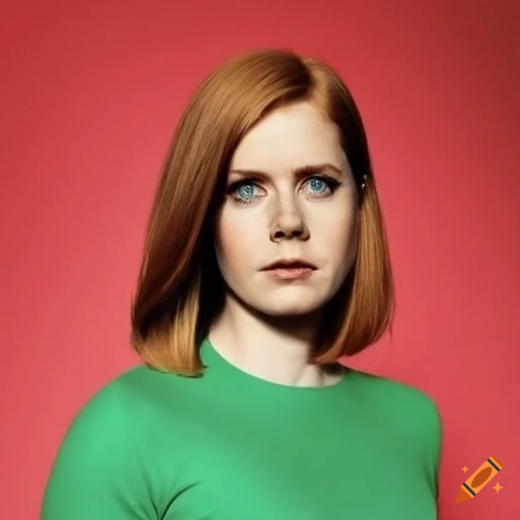 Amy adams with a bob haircut and green tube top against a purple ...