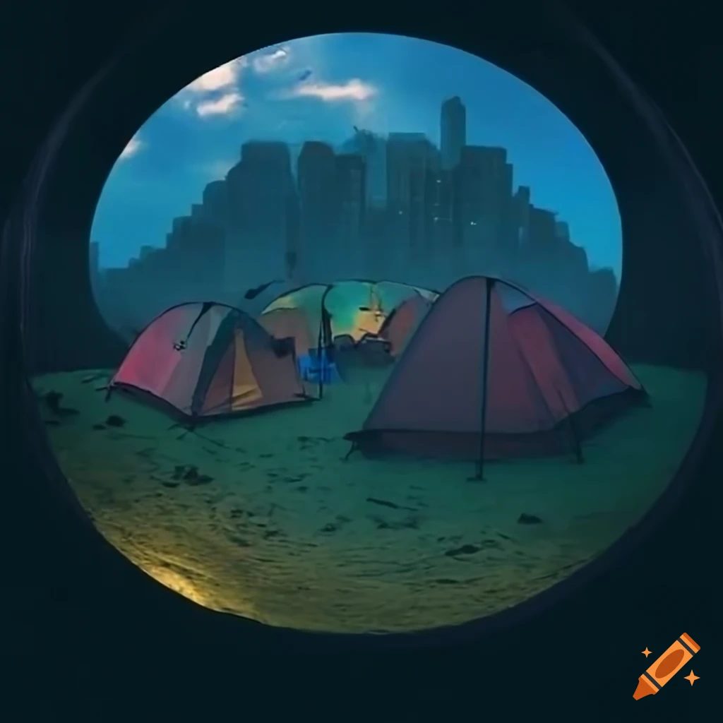 Nighttime camping scene with colorful tents in a park on Craiyon