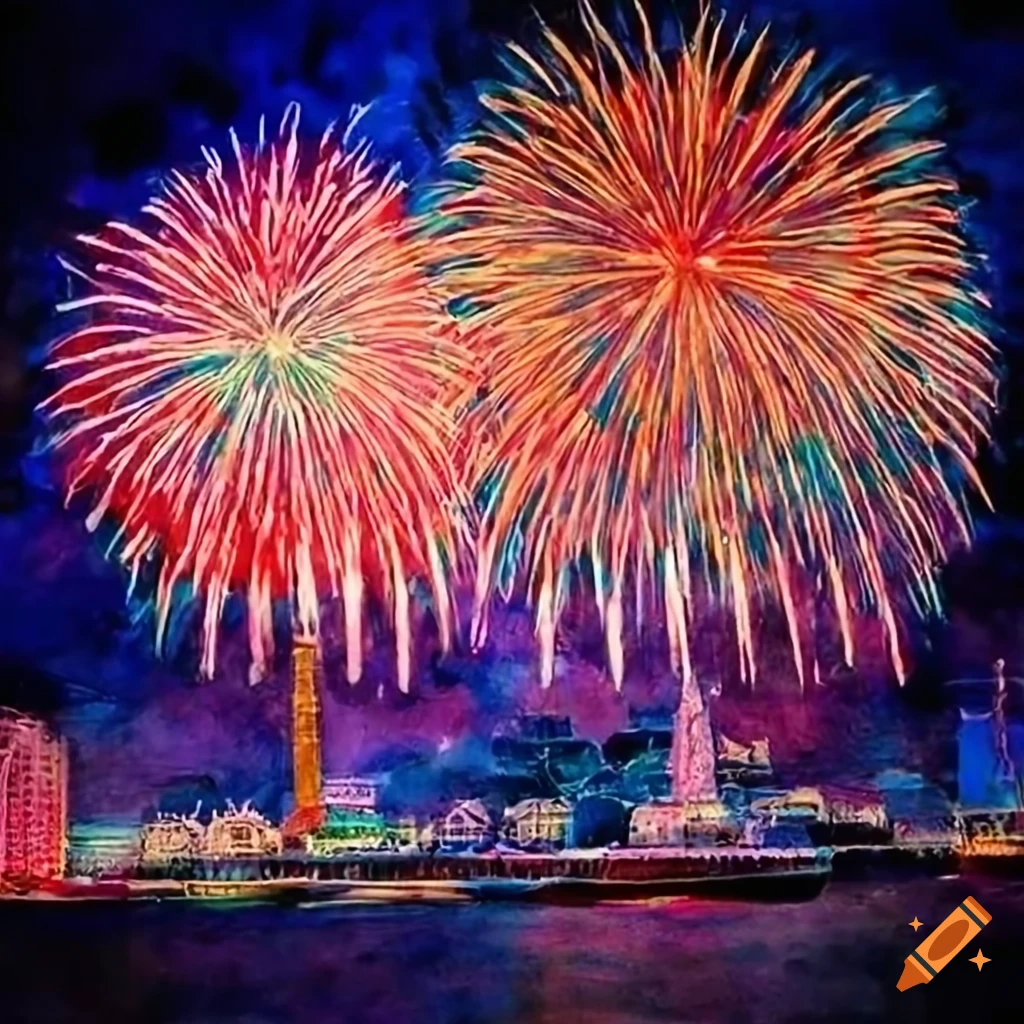 Watercolor artwork of fireworks festival at yokohama port on Craiyon