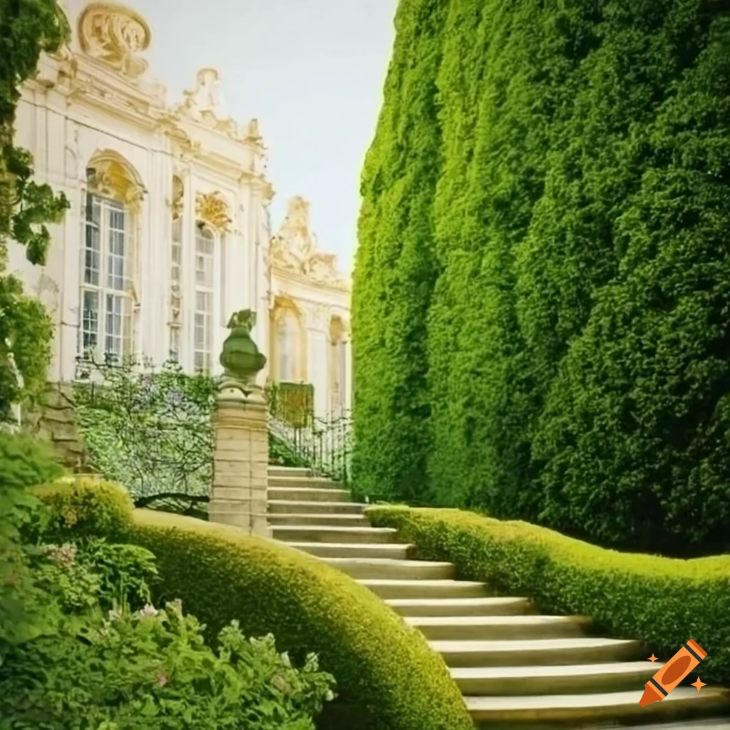 Rococo garden with white stairs and flowerbeds