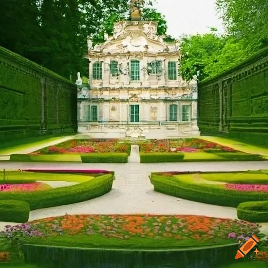 White rococo garden with flowerbeds and stairs on Craiyon