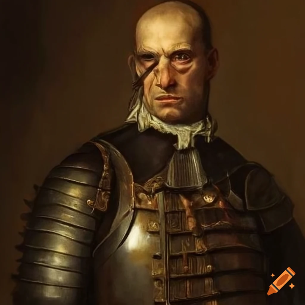 Portrait of a dark strong soldier in 1700s clothes with cuirass