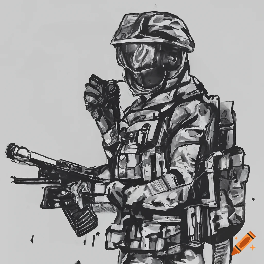 Surreal black and white ink drawing of swat officer with sniper rifle ...