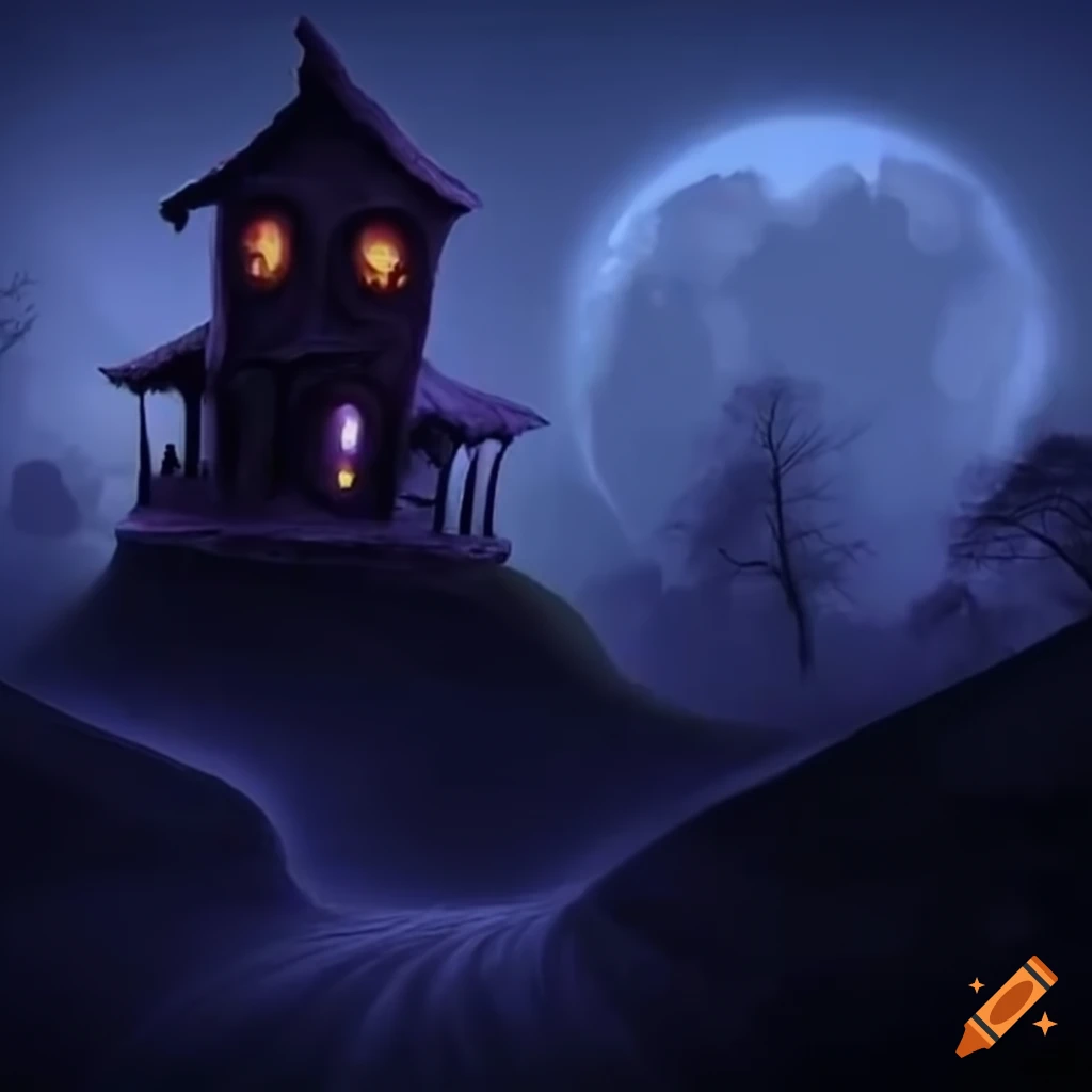 Haunted tree house with abstract geometric shapes in dark fantasy art ...