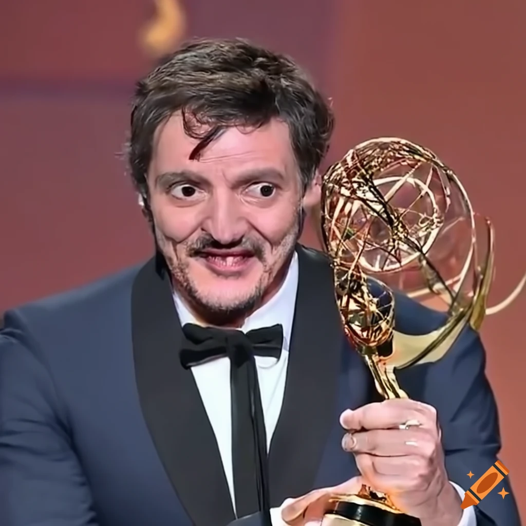 Pedro Pascal Receiving Emmy Award On Stage On Craiyon