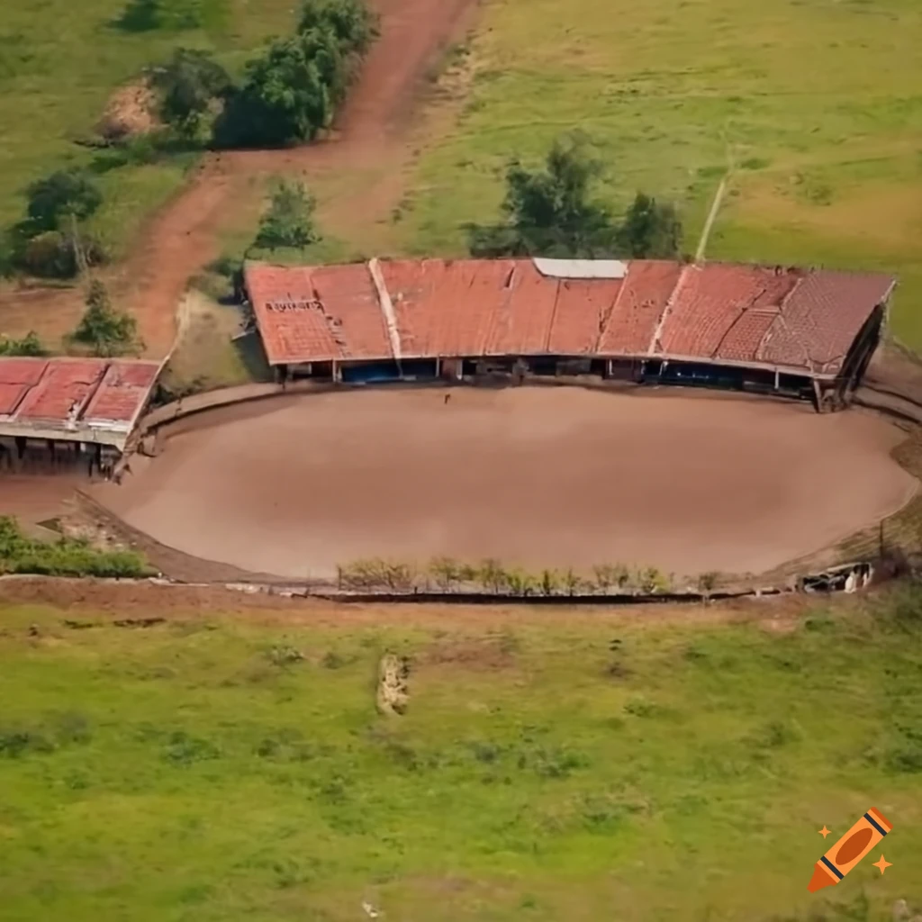 Aerial view of a village stadium with clay field and concrete stands on ...