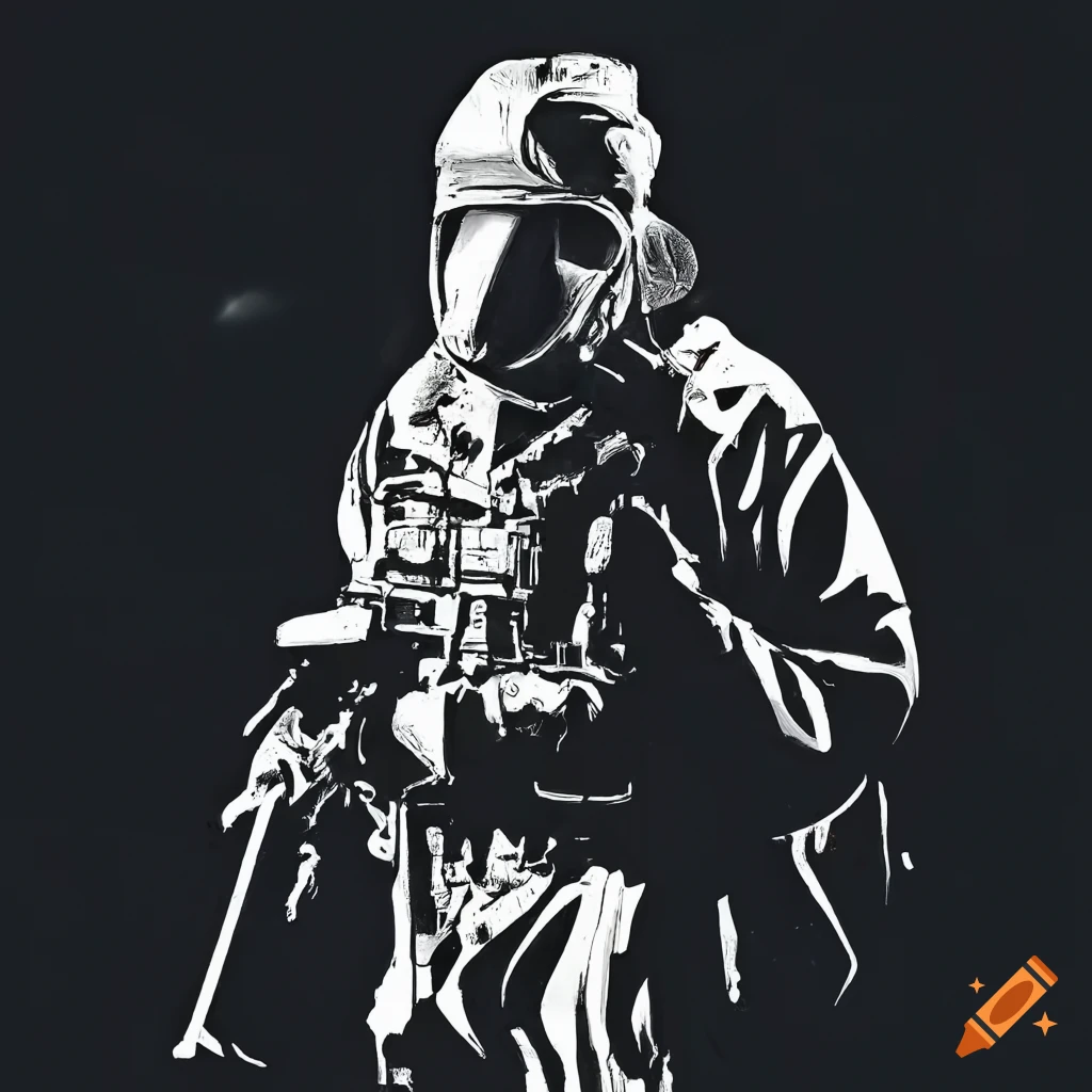Black and white stencil of a SWAT team soldier in a hazmat suit on Craiyon