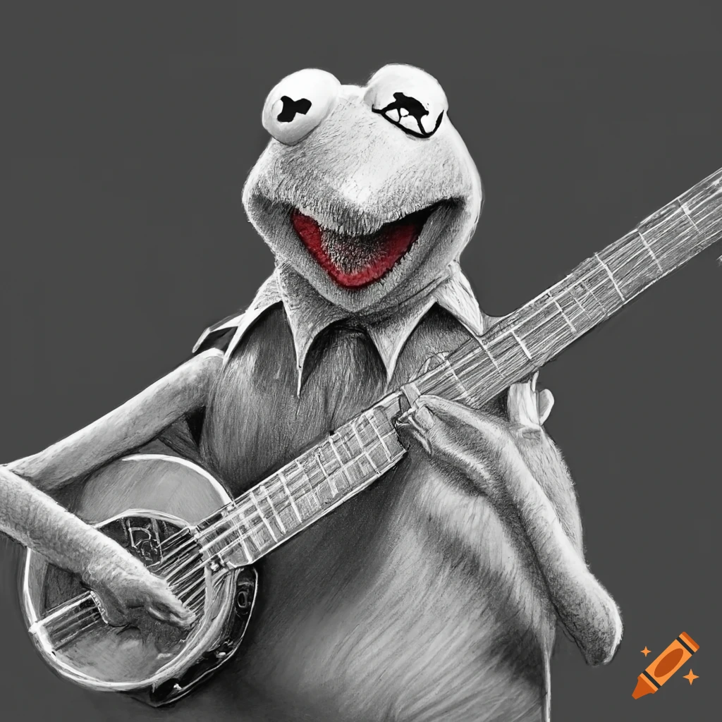 Detailed pencil drawing of Kermit playing a banjo on Craiyon