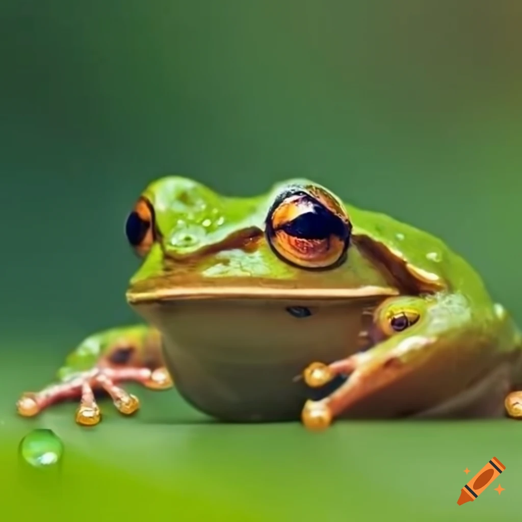 Close-up photograph of a frog with water droplets on Craiyon