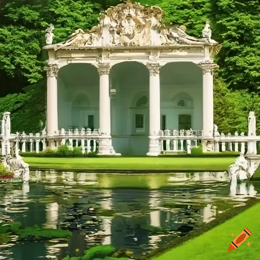 White rococo garden with flowerbeds and a pond on Craiyon