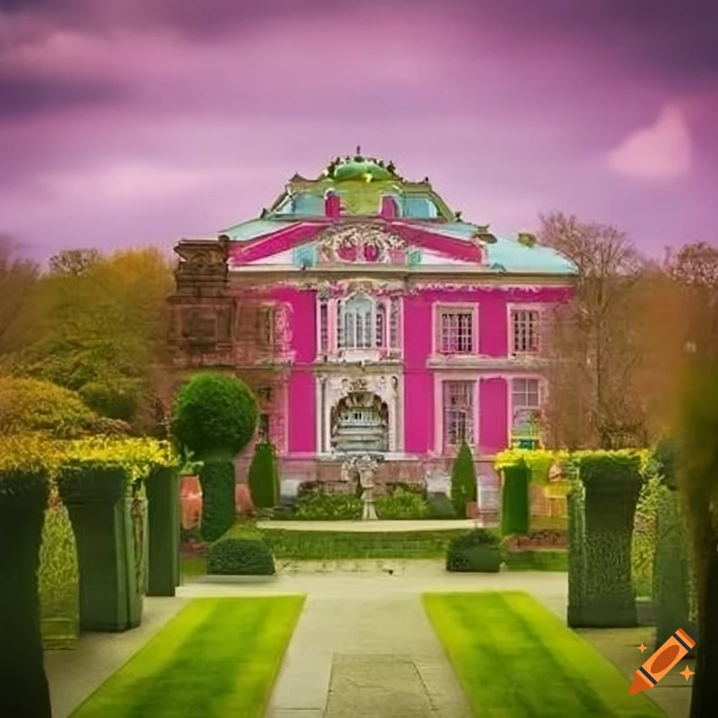 Magnificent pink mansion with grand entrance and pink yacht on Craiyon