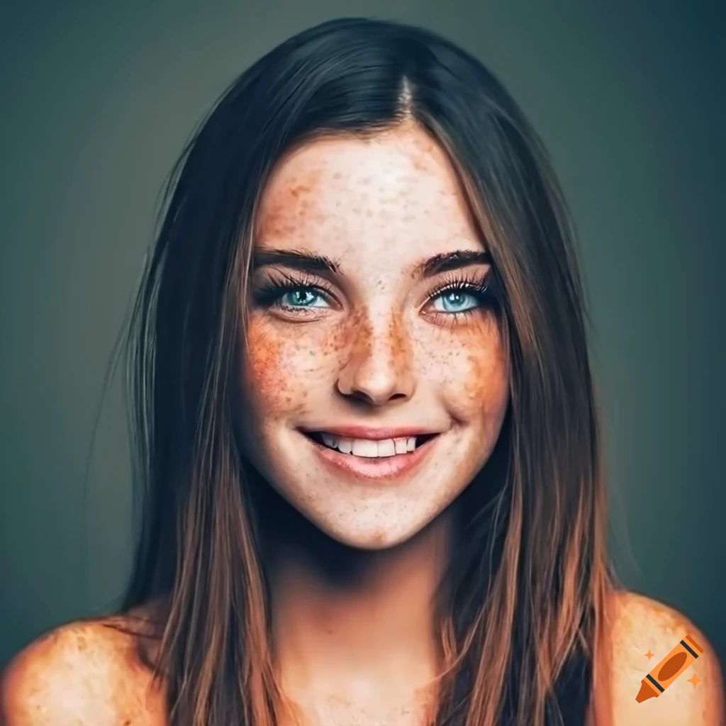 Portrait of a beautiful young woman with a bright smile and freckles