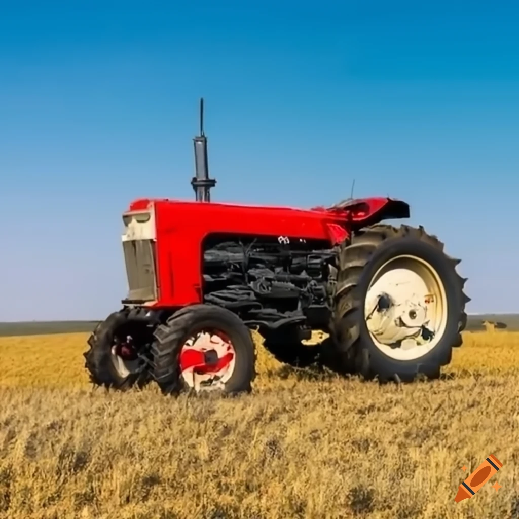 Red tractor in a field with blue sky on Craiyon