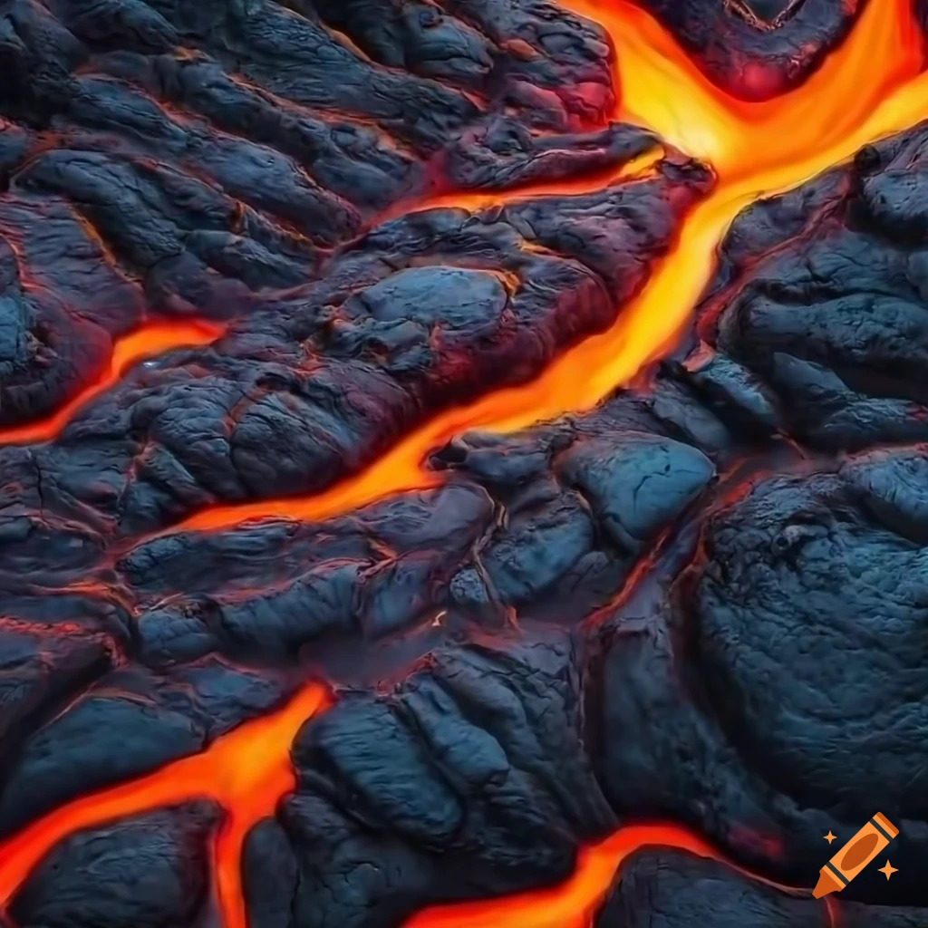 Top view of lava river flowing through rocky terrain on Craiyon