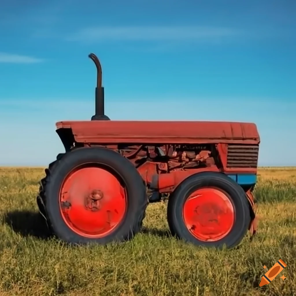 Red tractor in a field with blue sky