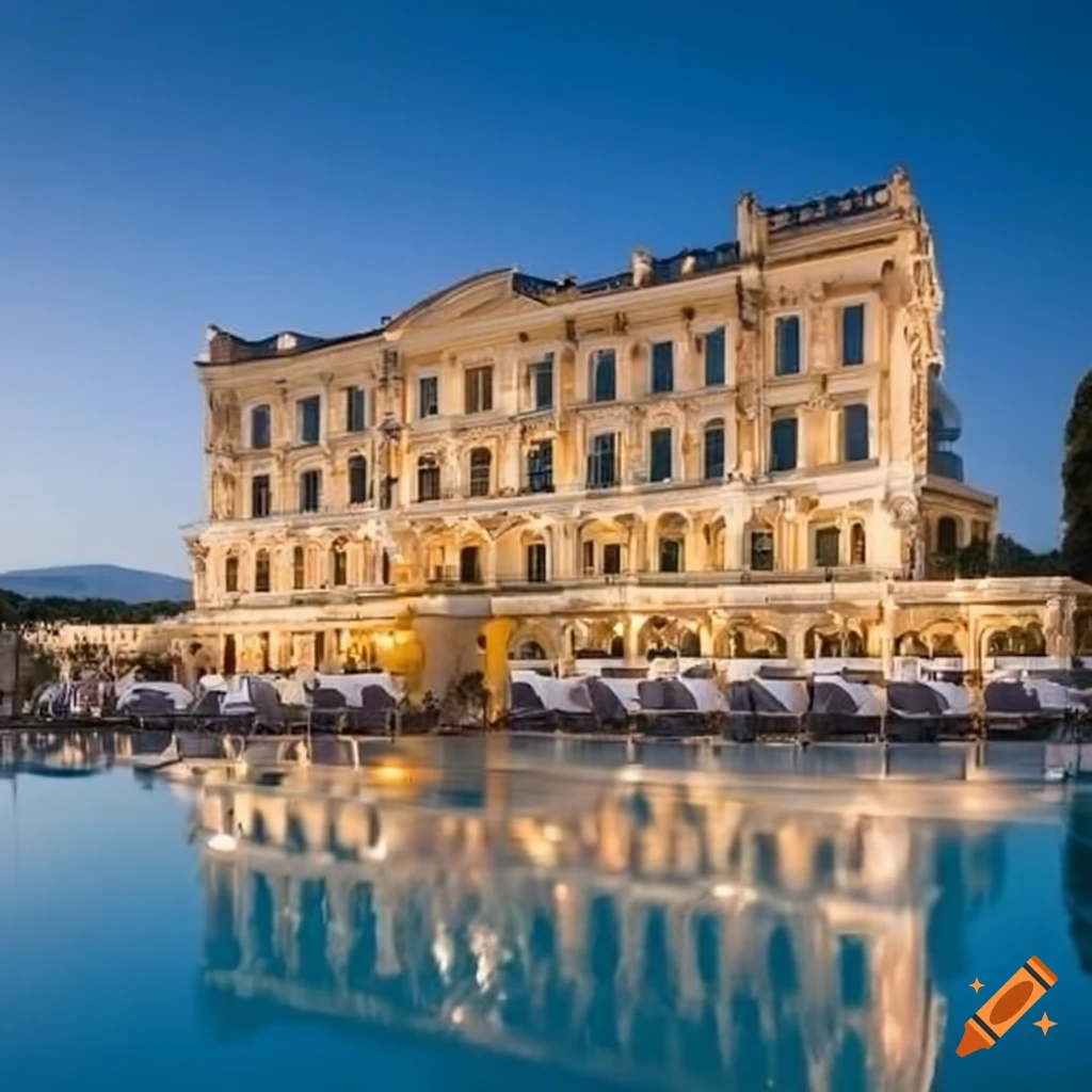 Image of a luxurious classical hotel on the Mediterranean coast on Craiyon