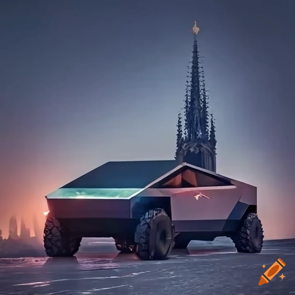 Tesla cybertruck parked outside a gothic church in prague
