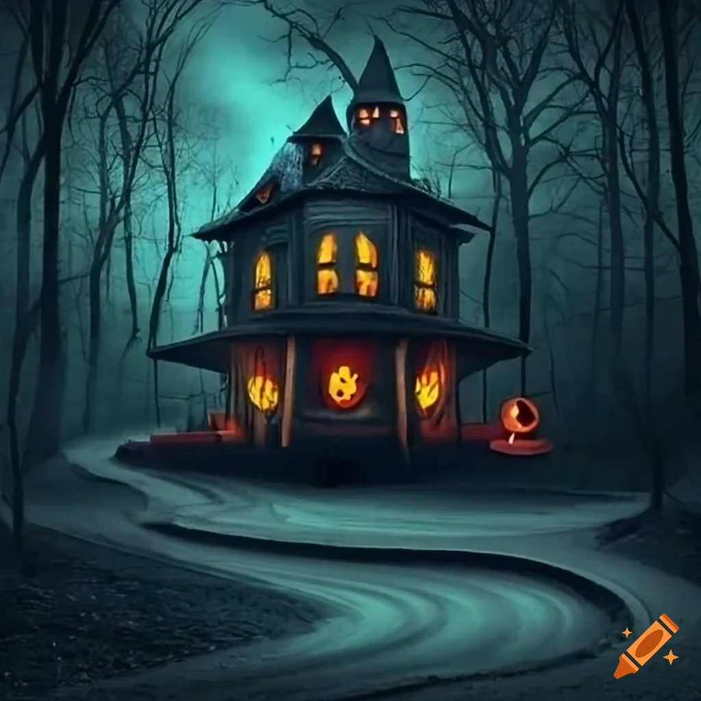 Haunted house with red window and black gate surrounded by pumpkins on ...