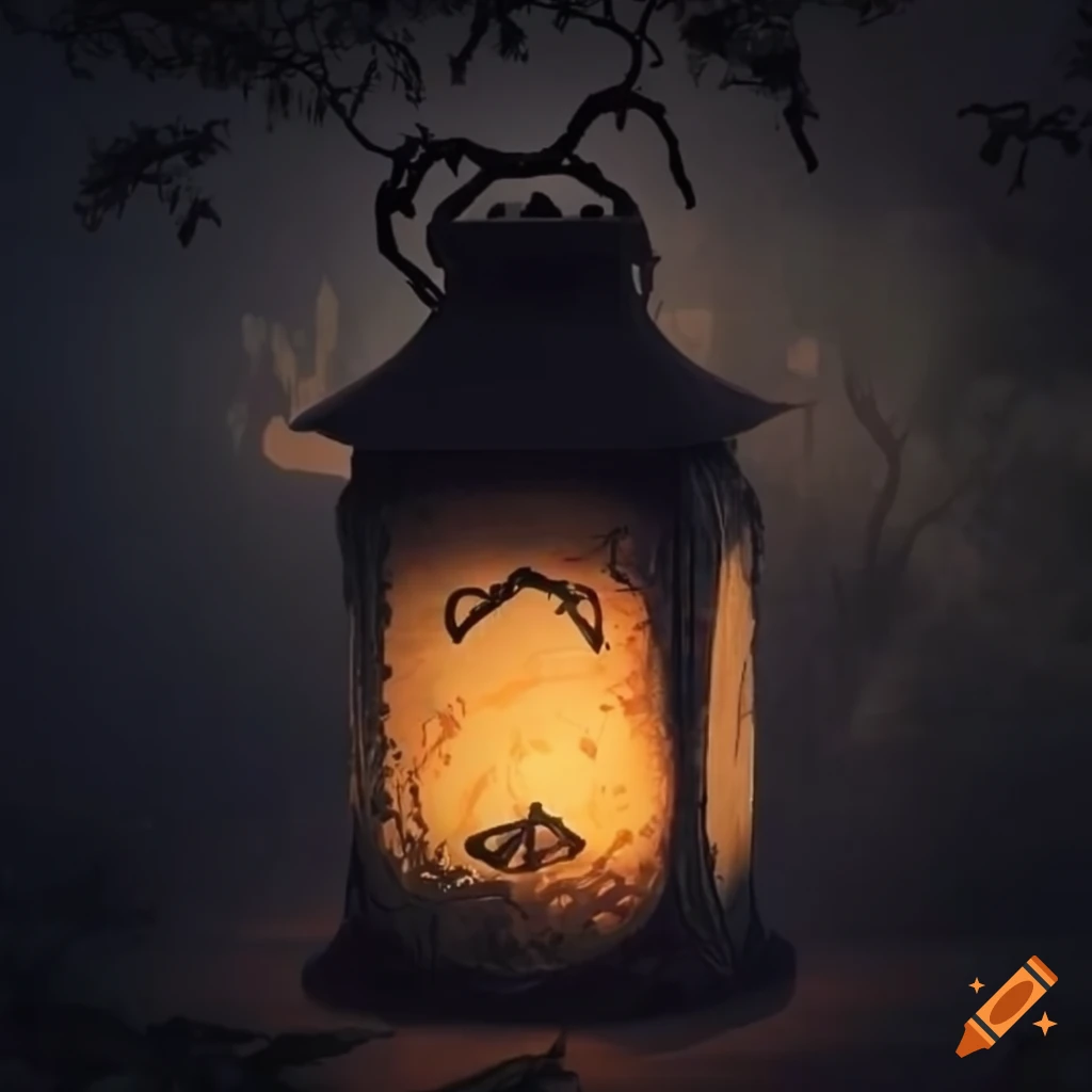 Dark fantasy artwork with a magical lantern in a forest on Craiyon