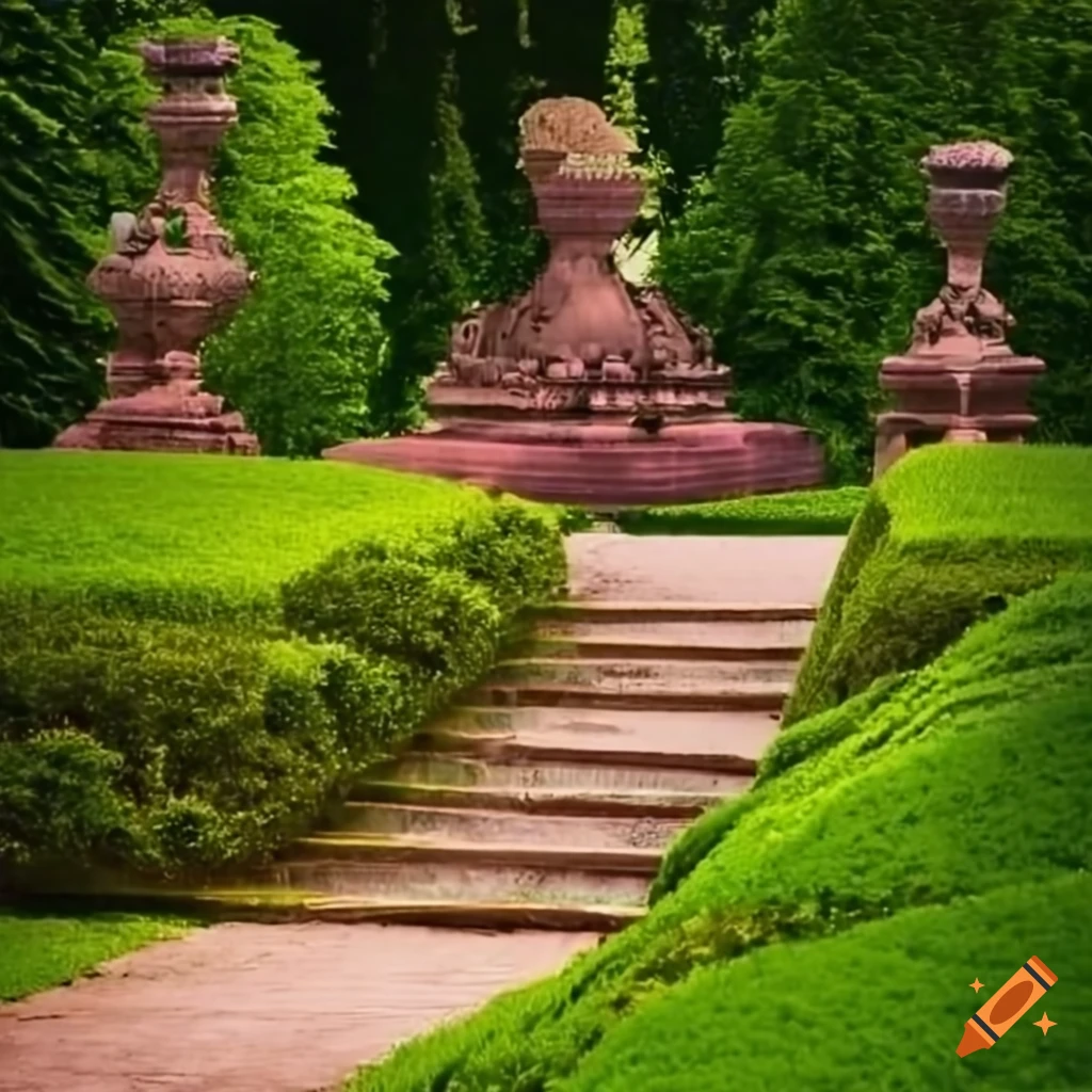 Baroque garden with small palace buildings