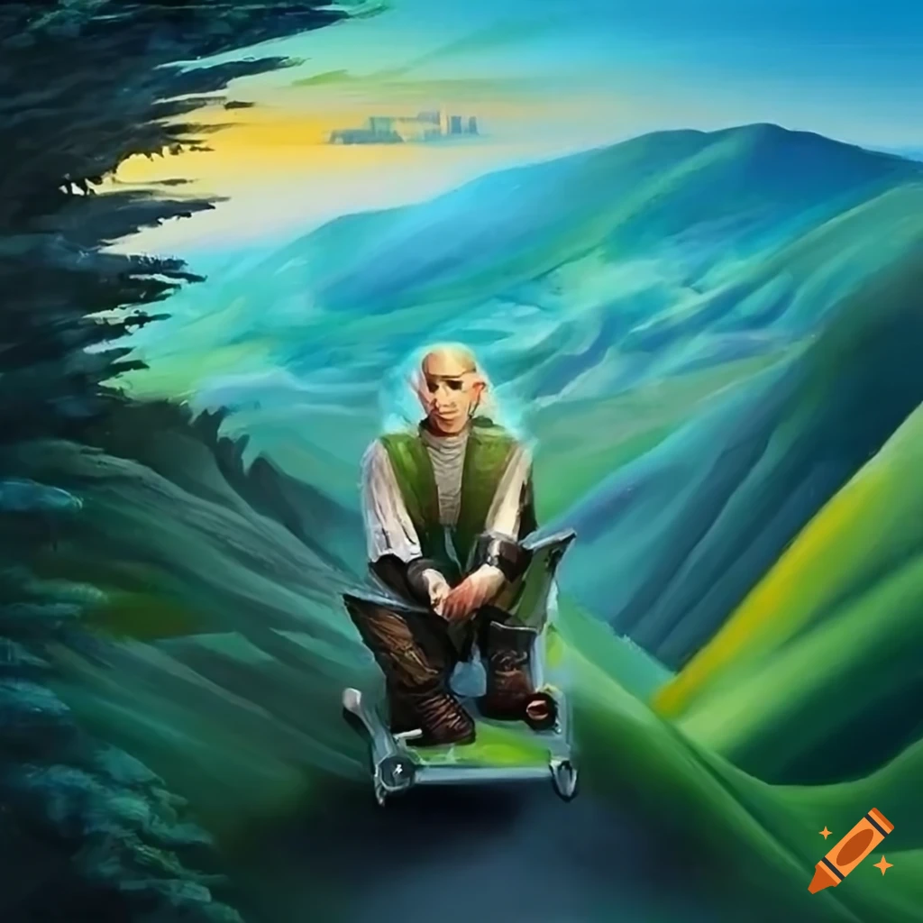 Realistic painting of Legolas riding in a shopping cart being pushed by ...