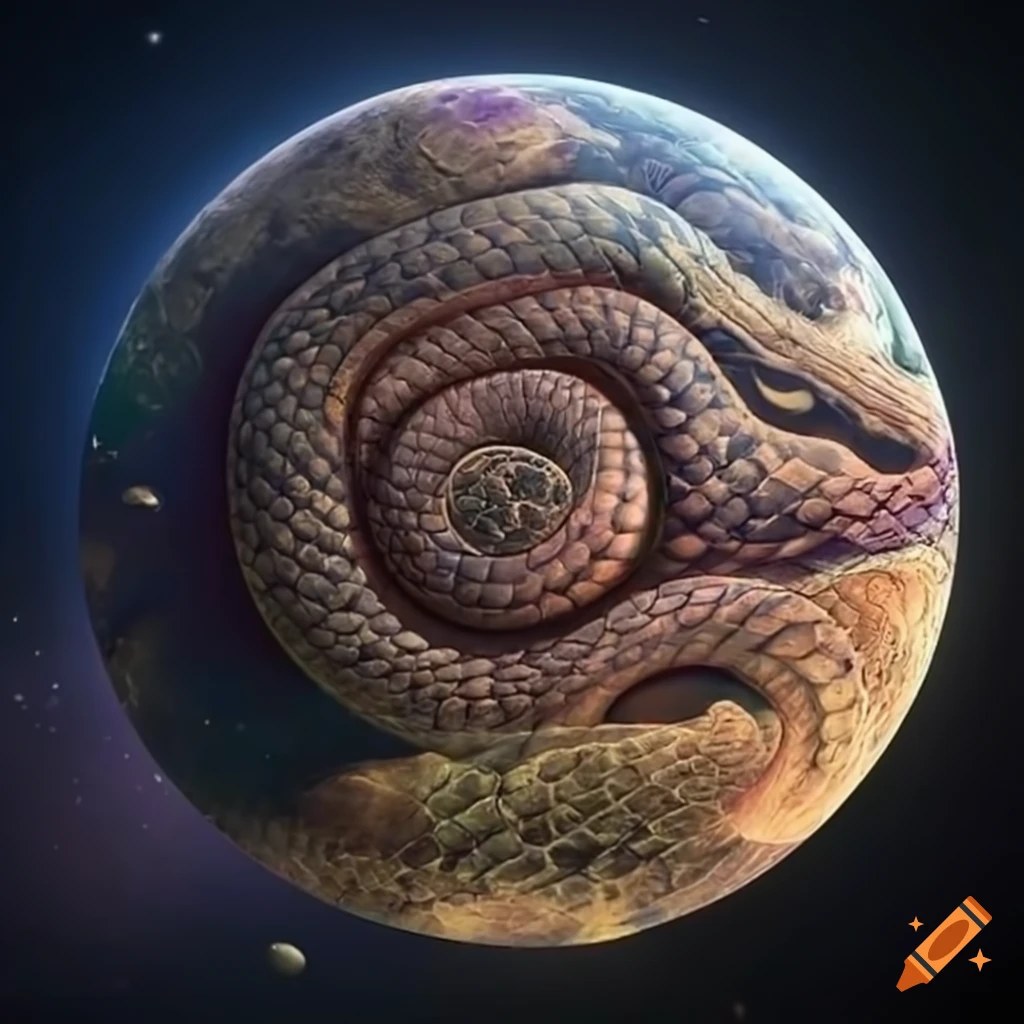Artwork of a stone serpent coiling around a planet