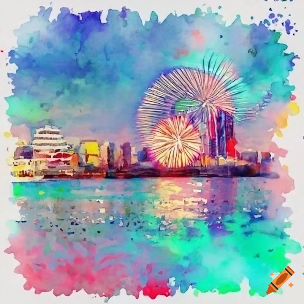 Fireworks festival artwork in watercolor style
