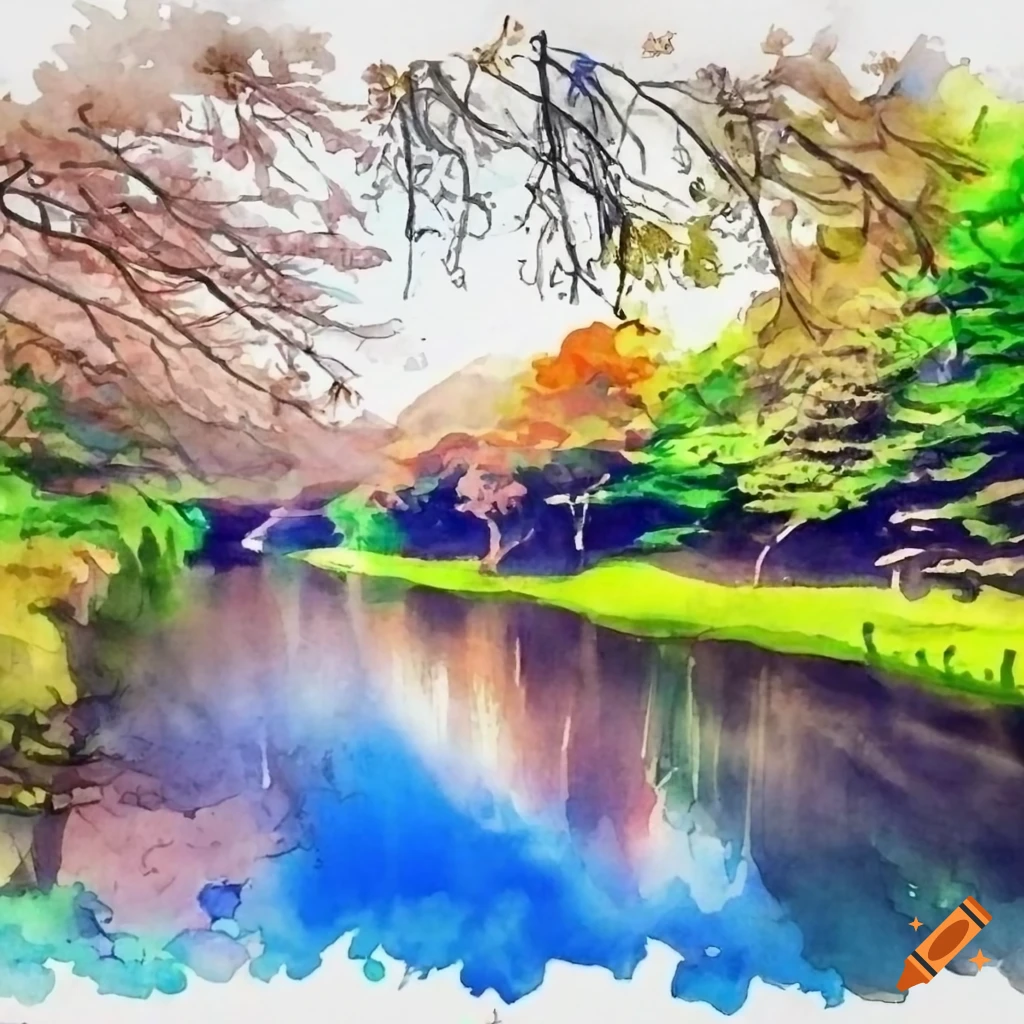 Watercolor illustration of river simanto in japan