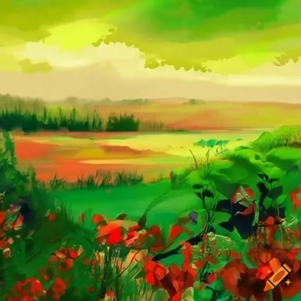 Green agricultural fields under a blue sky in the style of manet on Craiyon