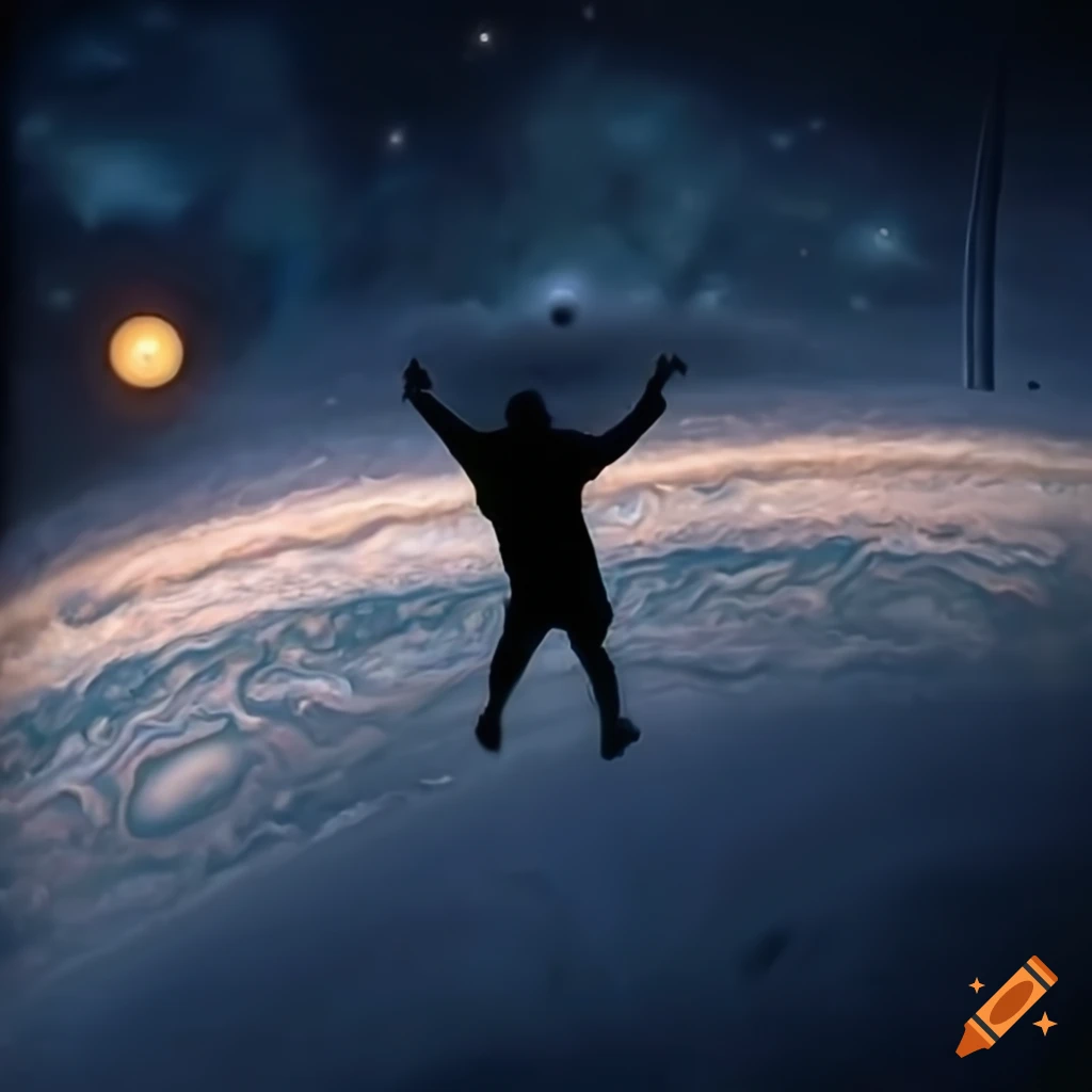 Digital art of a man flying over jupiter and looking at earth on Craiyon