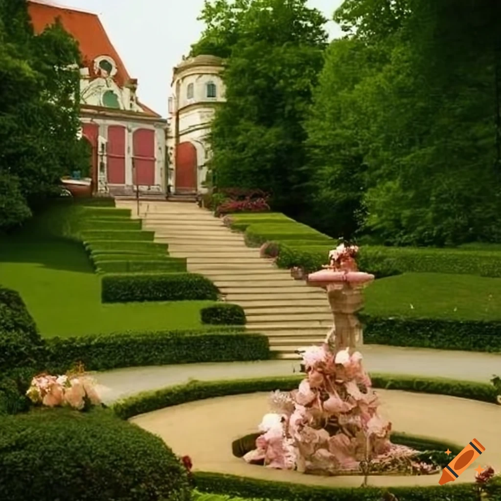 Pink and white rococo garden with stairs in dresden on Craiyon