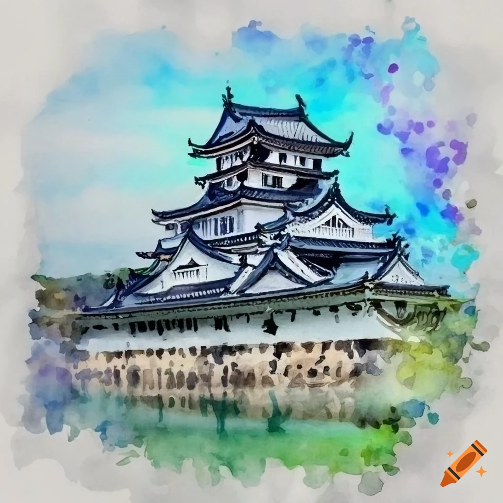 Watercolor illustration of kochi castle in japan