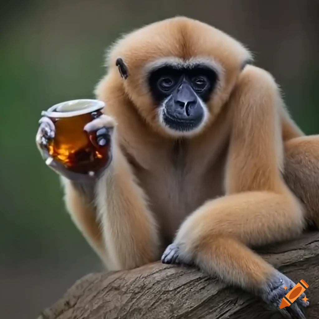 Funny image of a gibbon lying on beer bottles on Craiyon