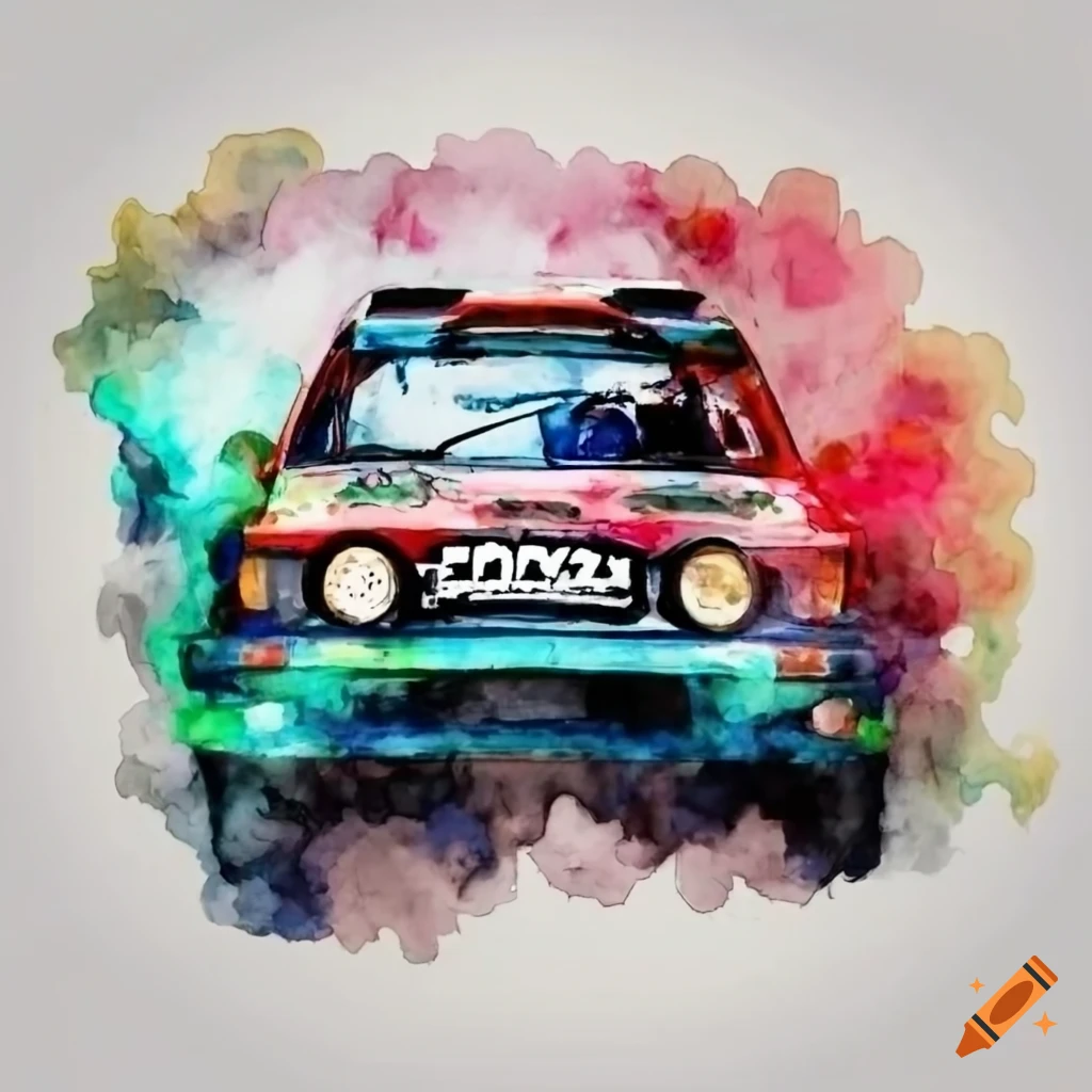 Watercolor illustration of a rally car racing through smoke on Craiyon