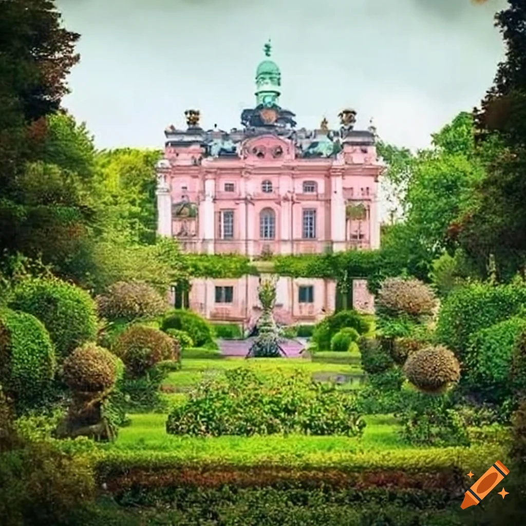 Baroque garden with white and pink small palace buildings
