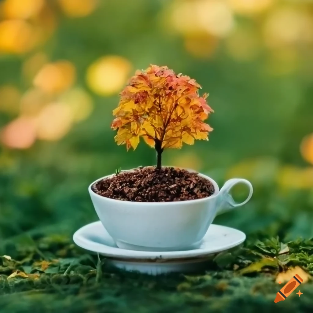 Product photo of a small autumn tree growing in a cup on Craiyon