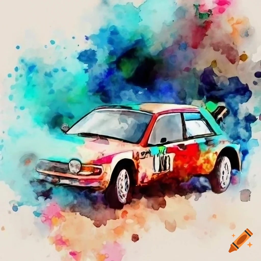 Watercolor illustration of a rally car racing through smoke on Craiyon