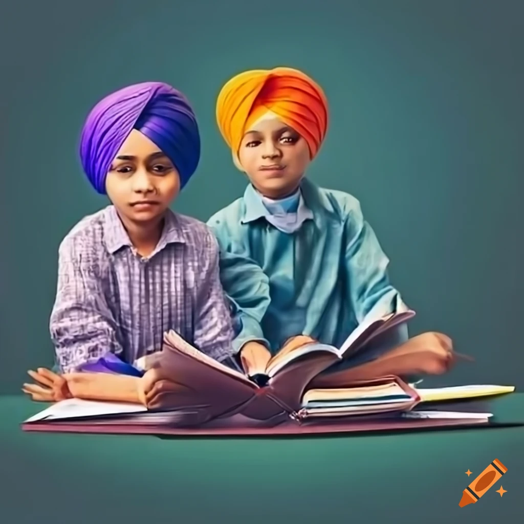 Sikh boys studying in a library on Craiyon